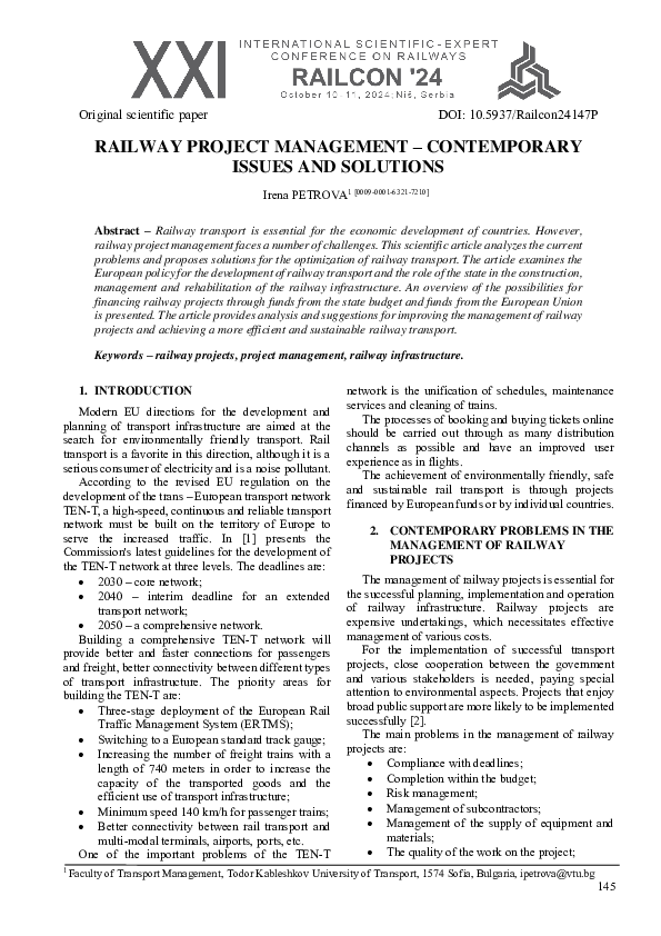 (PDF) RAILWAY PROJECT MANAGEMENT -CONTEMPORARY ISSUES AND SOLUTIONS