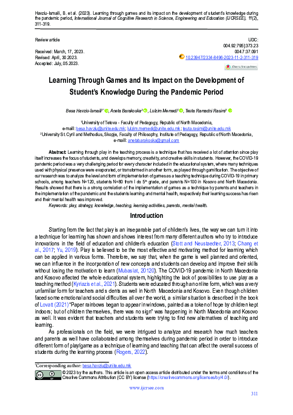 (PDF) Learning Through Games and Its Impact on the Development of Student’s Knowledge During the ...