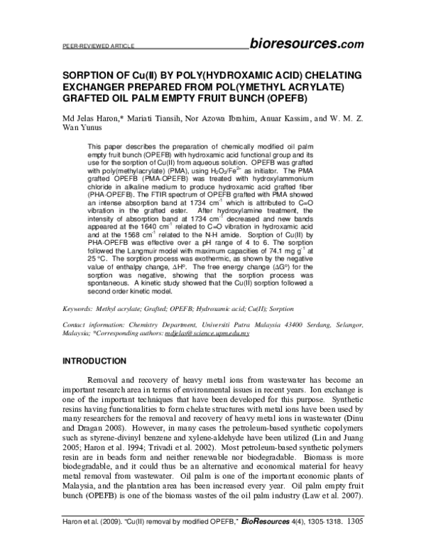 (PDF) Sorption of Cu(II) by poly(hydroxamic acid) chelating exchanger prepared from poly(methyl ...