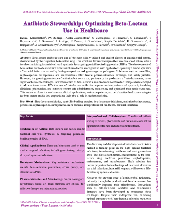 (PDF) Antibiotic Stewardship Optimizing Beta Lactam Use in Healthcare