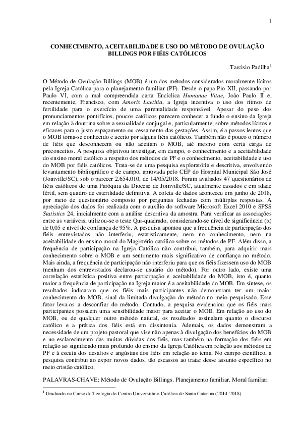 (PDF) Conhecimento, aceitabilidade e uso do Método de Ovulação Billings ...