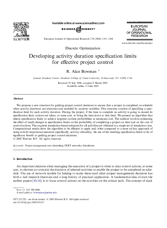 (PDF) Developing activity duration specification limits for effective ...