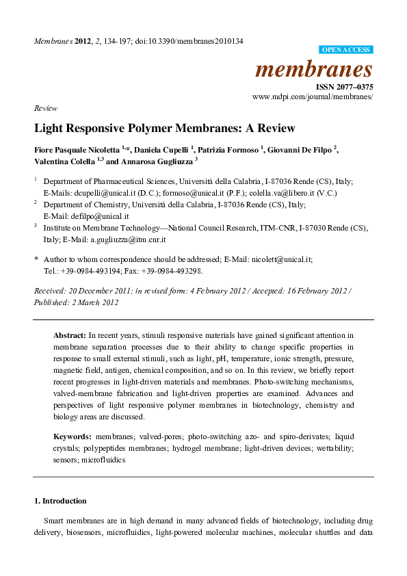 (PDF) Review Light Responsive Polymer Membranes: A Review