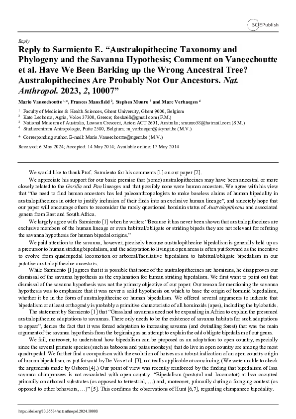 (PDF) Reply to Sarmiento E. “Australopithecine Taxonomy and Phylogeny ...