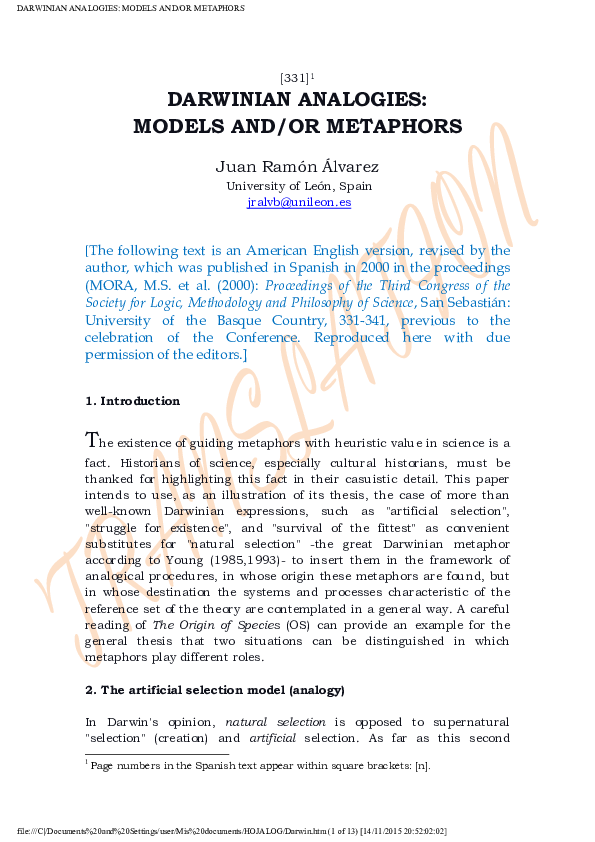 (PDF) DARWINIAN ANALOGIES: MODELS AND/OR METAPHORS
