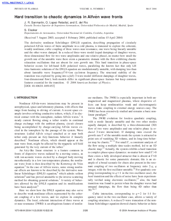 (PDF) Hard transition to chaotic dynamics in Alfvén wave fronts