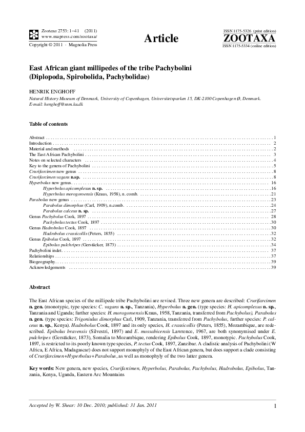 East African giant millipedes of the tribe Pachybolini (Diplopoda ...