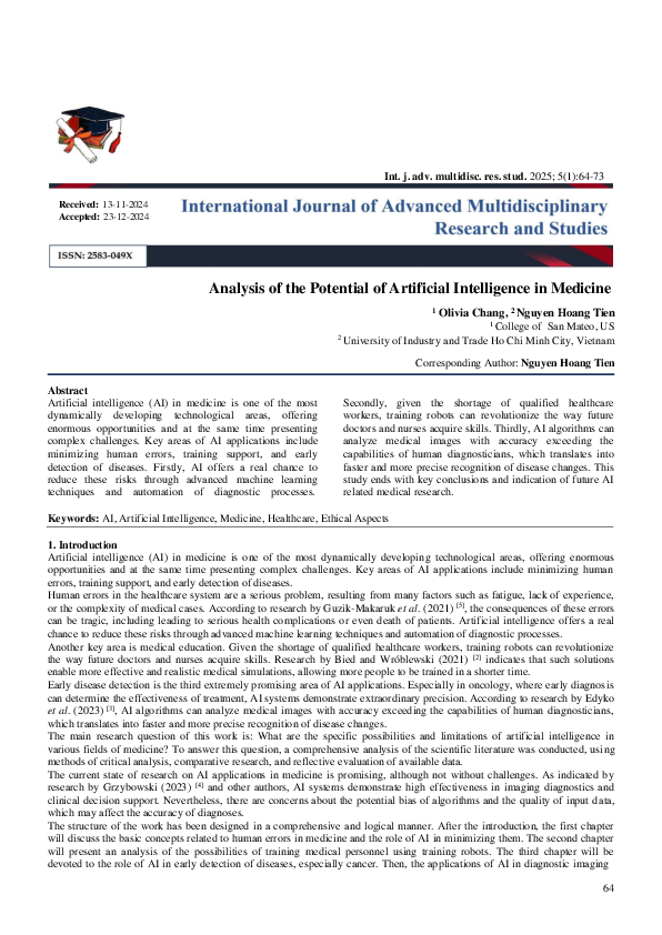 (PDF) Analysis of the Potential of Artificial Intelligence in Medicine