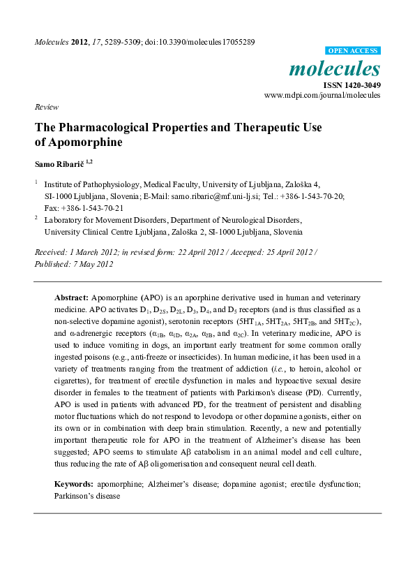 (PDF) The Pharmacological Properties and Therapeutic Use of Apomorphine