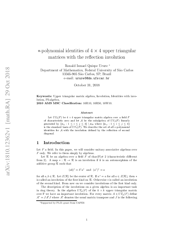 (PDF) Polynomial Identities of 4X4 Upper Triangular Matrices with the ...