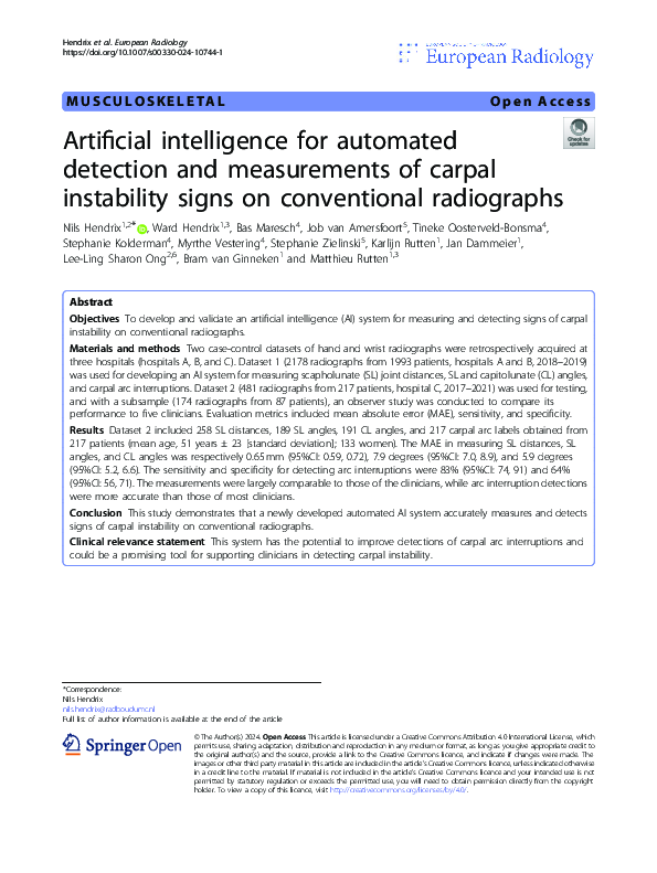 (PDF) Artificial intelligence for automated detection and measurements of carpal instability ...