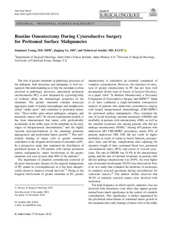 (PDF) Routine Omentectomy During Cytoreductive Surgery for Peritoneal ...