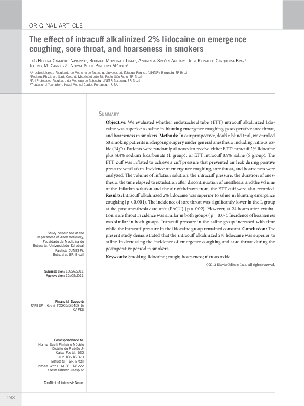 (PDF) The effect of intracuff alkalinized 2% lidocaine on emergence ...