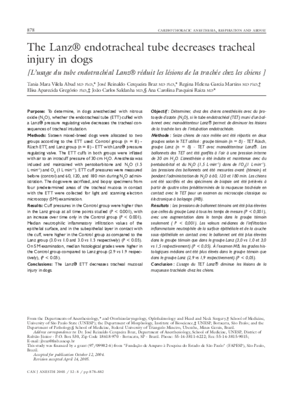 (PDF) The Lanz® endotracheal tube decreases tracheal injury in dogs