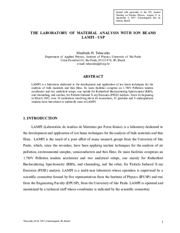 (PDF) The Laboratory of Material Analysis with Ion Beams, LAMFI-USP