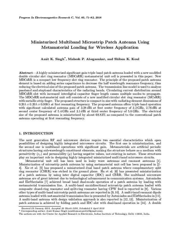 (PDF) Miniaturized Multiband Microstrip Patch Antenna Using Metamaterial Loading for Wireless ...