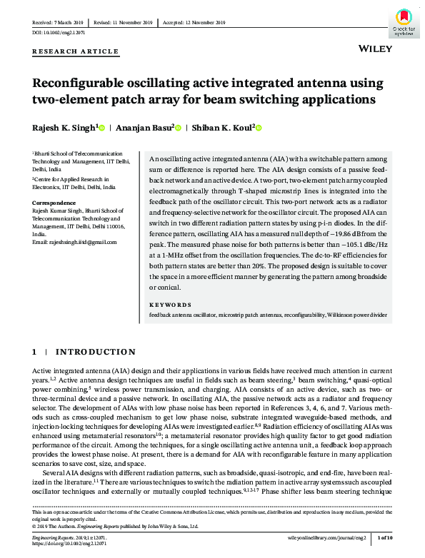 Pdf Reconfigurable Oscillating Active Integrated Antenna Using Two‐element Patch Array For