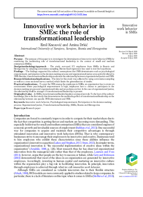 (PDF) Innovative work behavior in SMEs: the role of transformational leadership