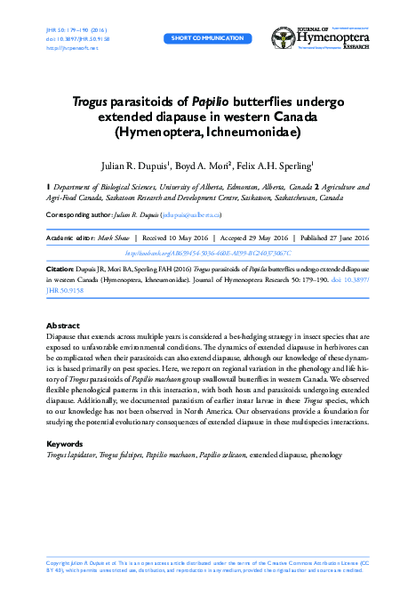 (PDF) Trogus parasitoids of Papilio butterflies undergo extended ...