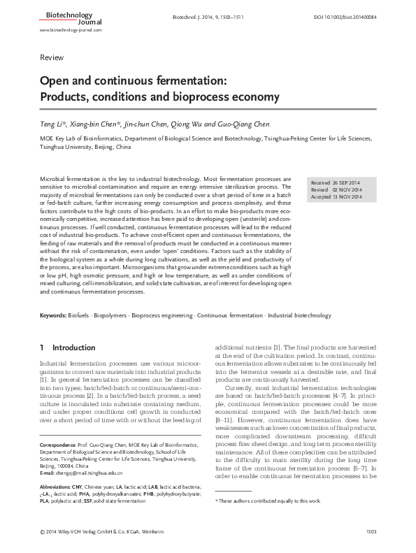 (PDF) Open and continuous fermentation: products, conditions and bioprocess economy