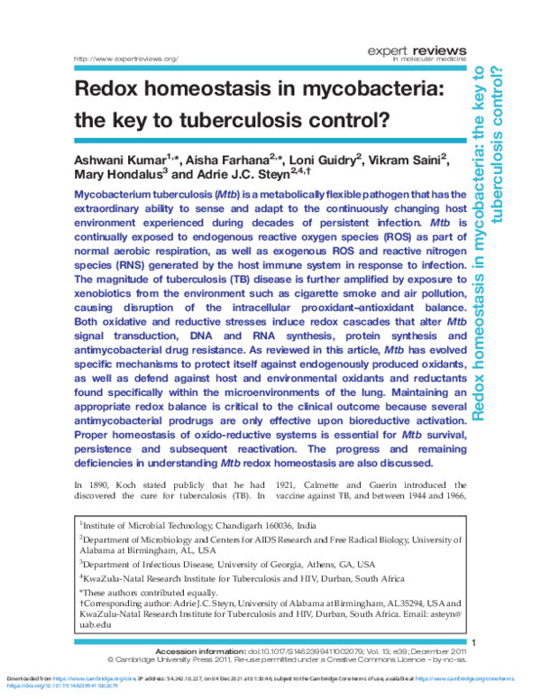 (PDF) Redox homeostasis in mycobacteria: the key to tuberculosis control?