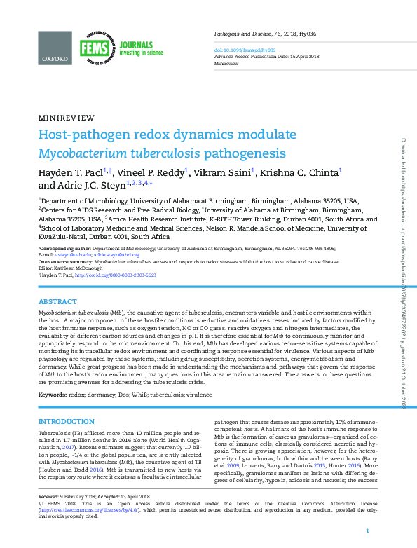 (PDF) Host-pathogen redox dynamics modulate Mycobacterium tuberculosis pathogenesis