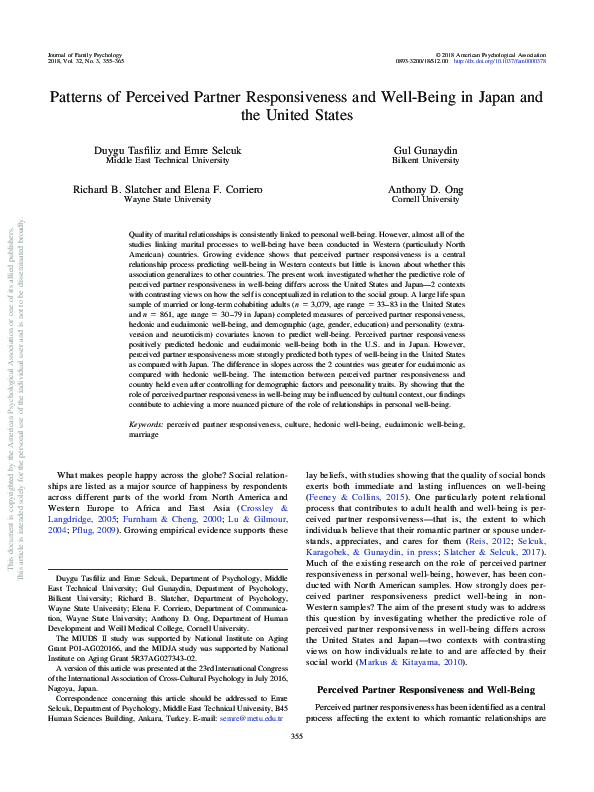 (PDF) Patterns of perceived partner responsiveness and well-being in ...