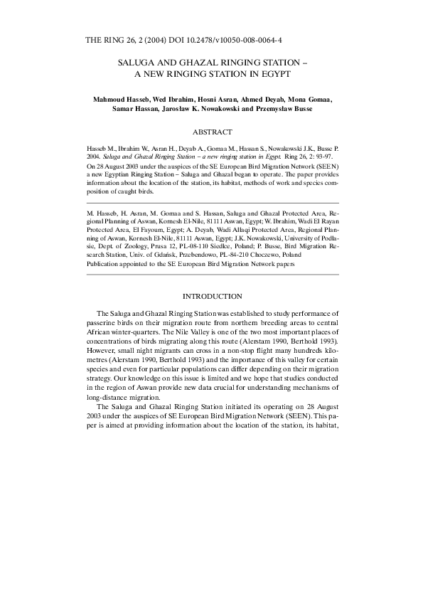 (PDF) Saluga and Ghazal Ringing Station - a new ringing station in Egypt