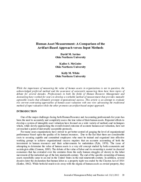 (PDF) Human Asset Measurement: A Comparison of the Artifact-Based Approach versus Input Methods