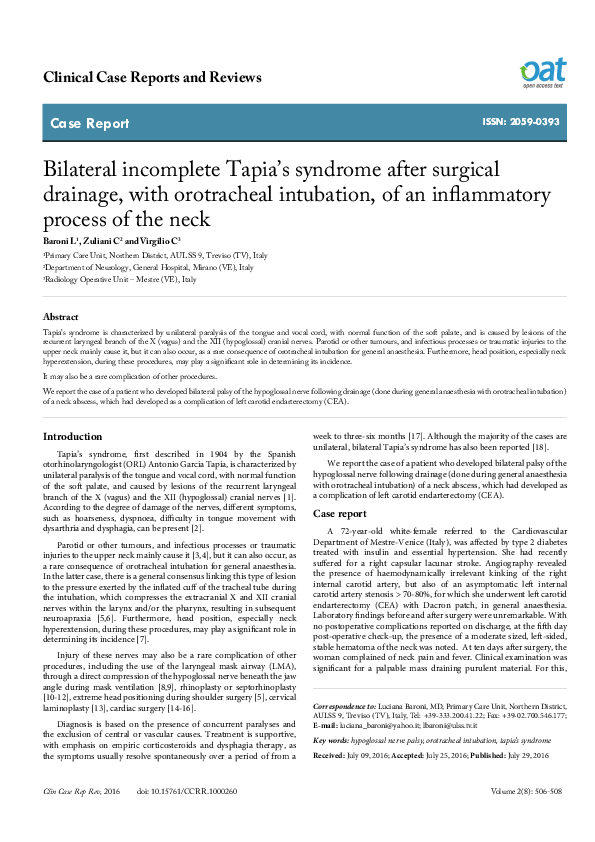 (PDF) Bilateral incomplete Tapia's syndrome after surgical drainage ...