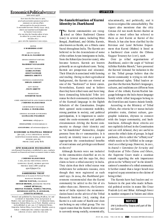 (PDF) De Sanskritisation of Kurmi Identity in Jharkhand