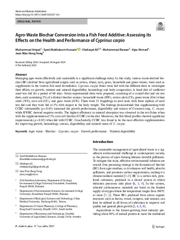 (PDF) Agro-Waste Biochar Conversion into a Fish Feed Additive: Assessing its Effects on the ...