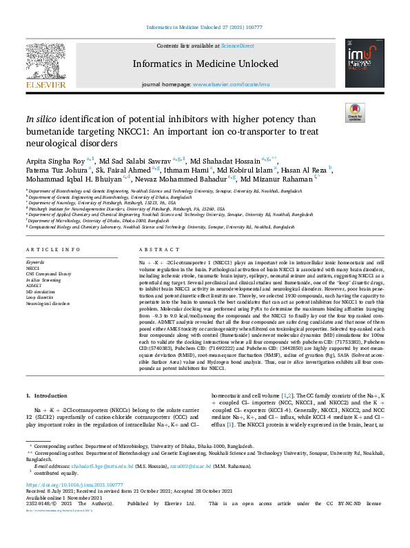 (PDF) In silico identification of potential inhibitors with higher potency than bumetanide ...