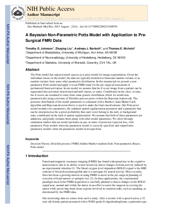 (PDF) A Bayesian non-parametric Potts model with application to pre-surgical FMRI data