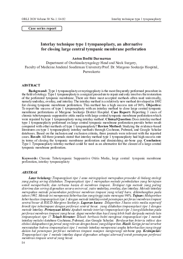 (PDF) Interlay technique type 1 tympanoplasty, an alternative for closing large central tympanic ...