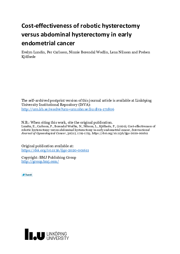 (PDF) Cost-effectiveness of robotic hysterectomy versus abdominal hysterectomy in early ...