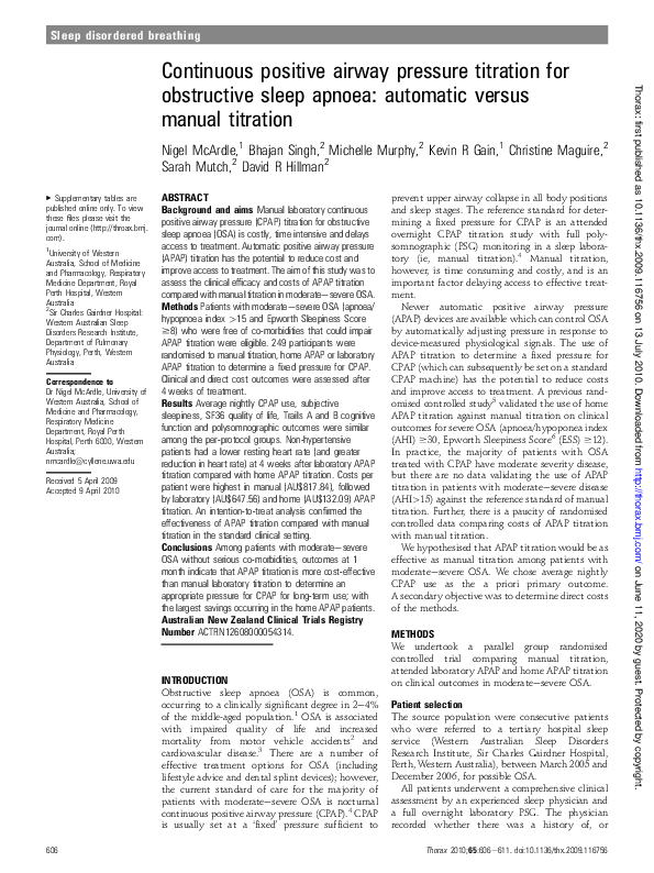 (PDF) Continuous positive airway pressure titration for obstructive ...