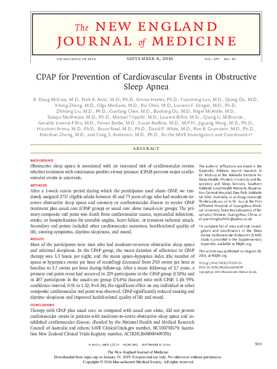 (PDF) CPAP for Prevention of Cardiovascular Events in Obstructive Sleep ...