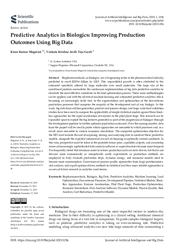 (PDF) Predictive Analytics in Biologics: Improving Production Outcomes Using Big Data