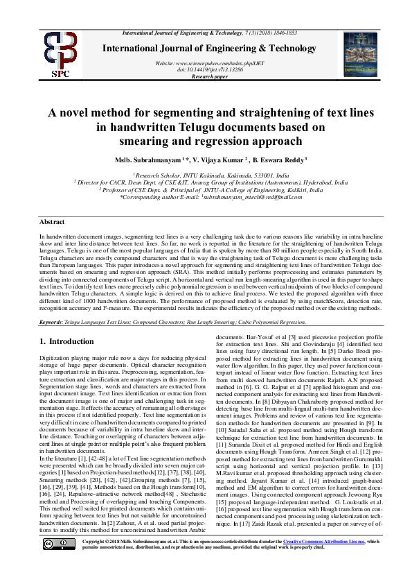 (PDF) A novel method for segmenting and straightening of text lines in handwritten Telugu ...