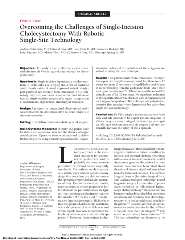 (PDF) Overcoming the Challenges of Single-Incision Cholecystectomy With Robotic Single-Site ...