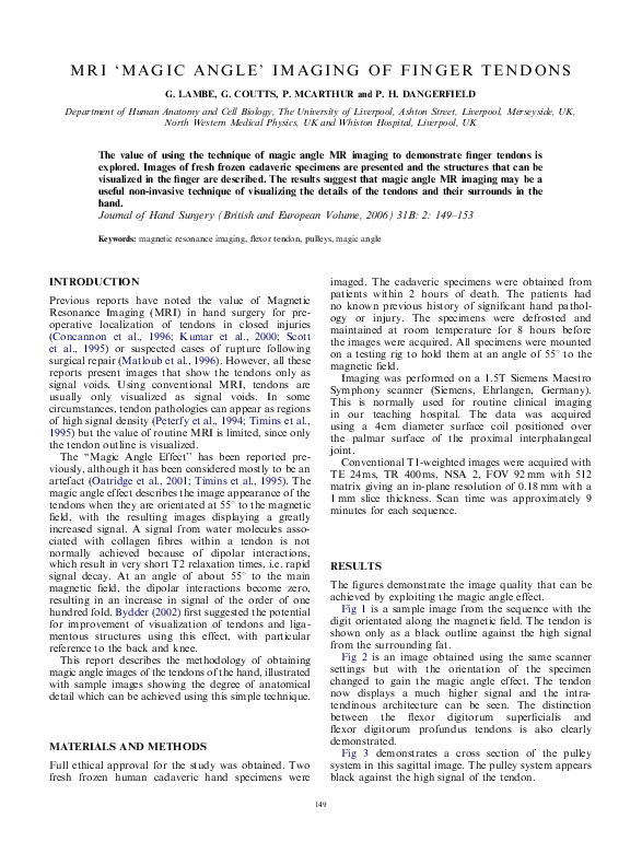 (PDF) Mri ‘Magic Angle’ Imaging of Finger Tendons