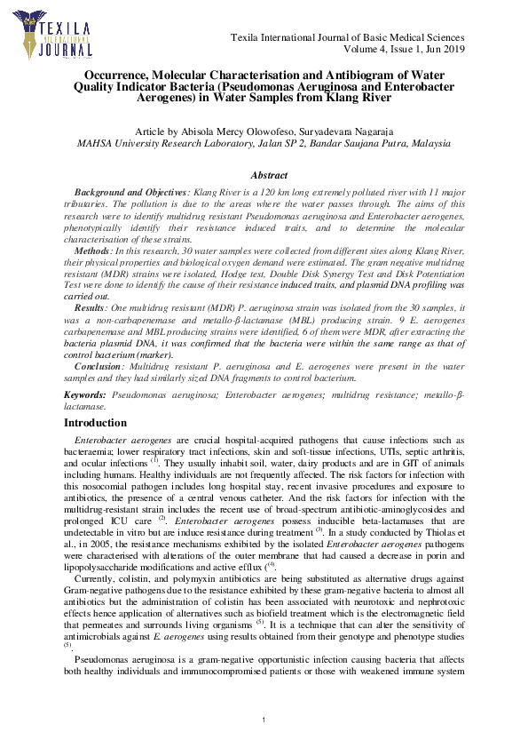 (PDF) Occurrence, molecular characterization and antibiogram of water ...