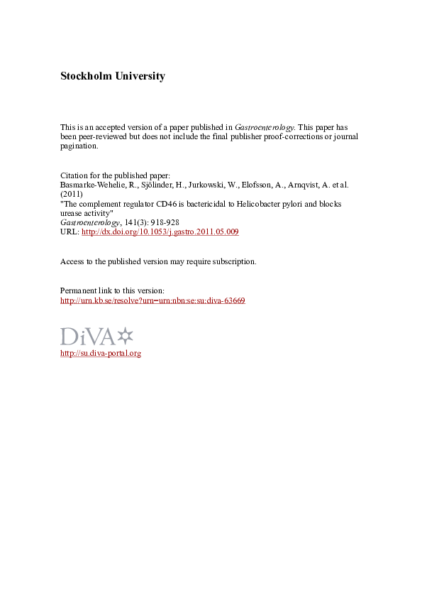 (PDF) The Complement Regulator CD46 Is Bactericidal to Helicobacter ...