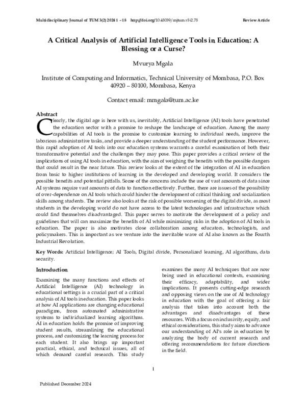 (PDF) A Critical Analysis of Artificial Intelligence Tools in Education ...