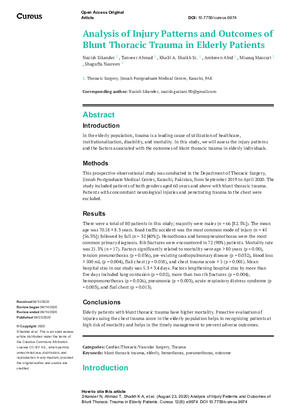 (PDF) Analysis of Injury Patterns and Outcomes of Blunt Thoracic Trauma ...