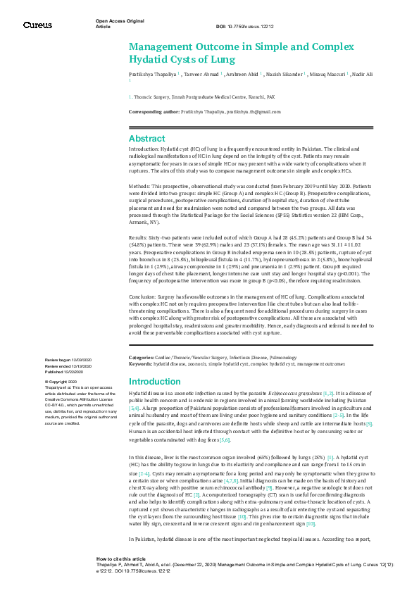 (PDF) Management Outcome in Simple and Complex Hydatid Cysts of Lung