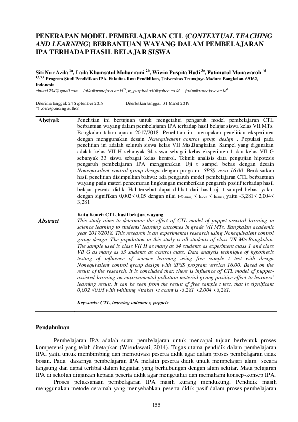 (PDF) Penerapan Model Pembelajaran CTL (Contextual Teaching and Learning) Berbantuan Wayang ...