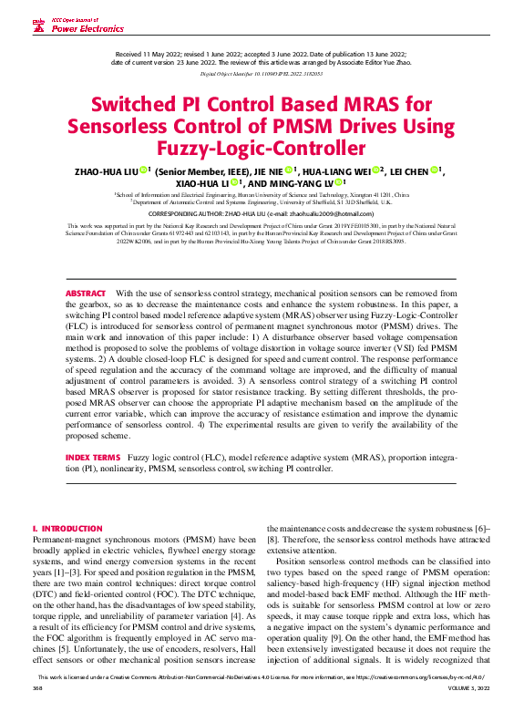 Pdf Switched Pi Control Based Mras For Sensorless Control Of Pmsm Drives Using Fuzzy Logic