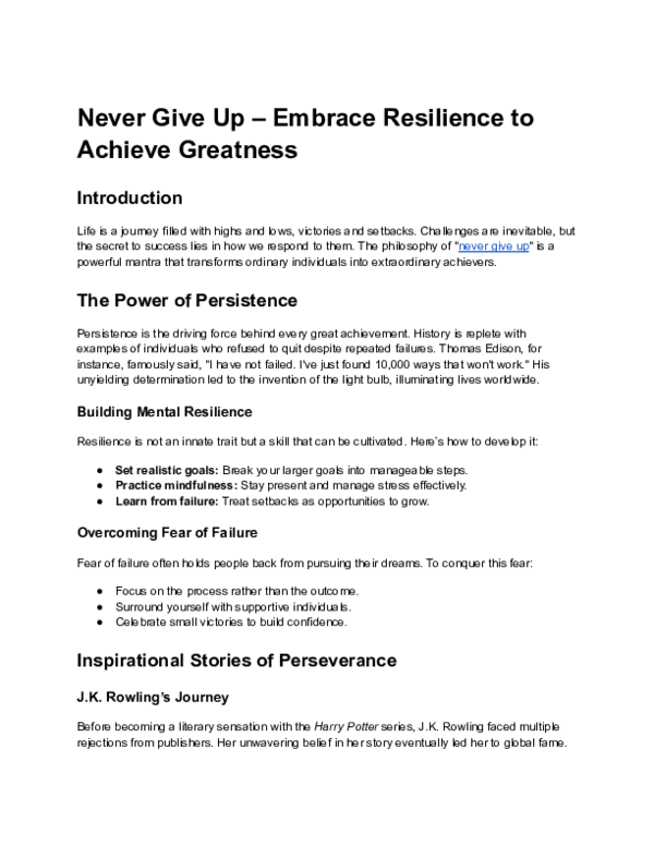(PDF) Never Give Up -Embrace Resilience to Achieve Greatness